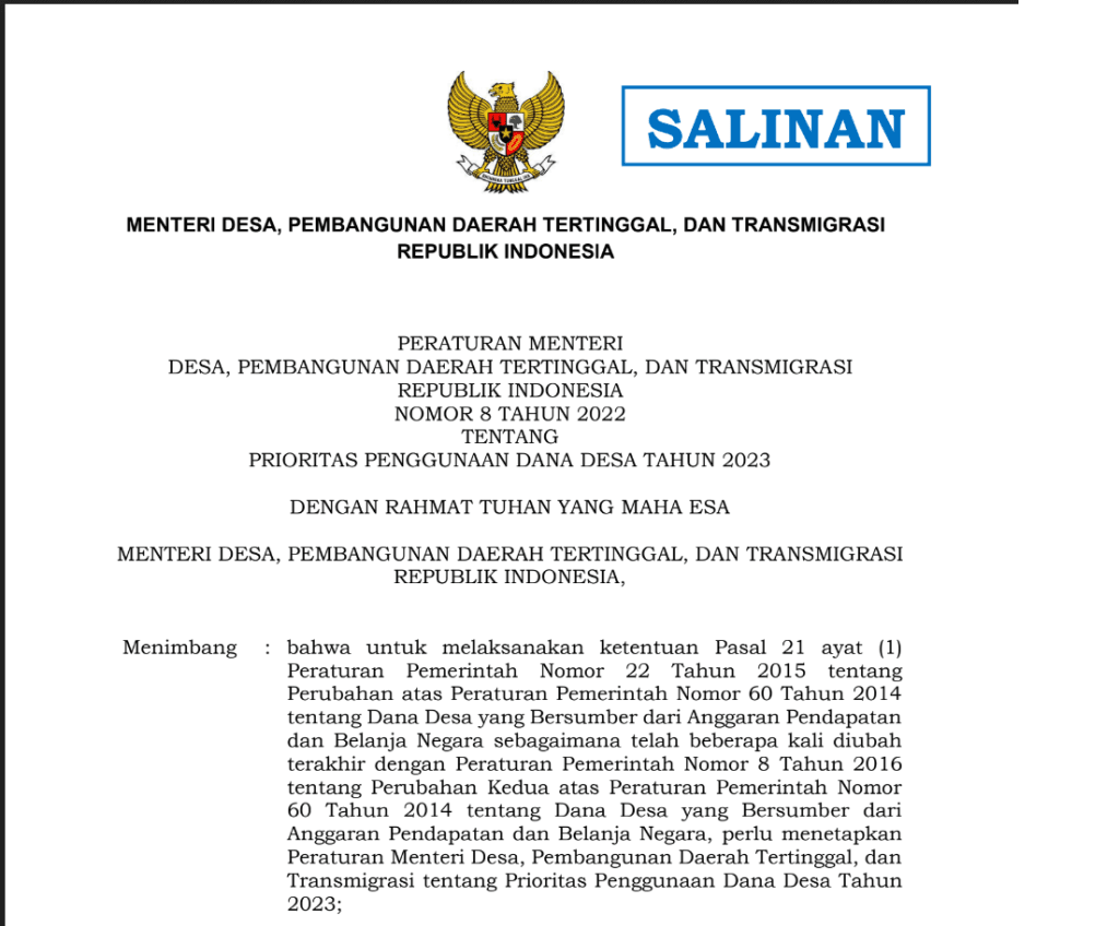 Permendes 8 Tahun 2022 Tentang Prioritas Dana Desa Tahun 2023 - Mitra ...